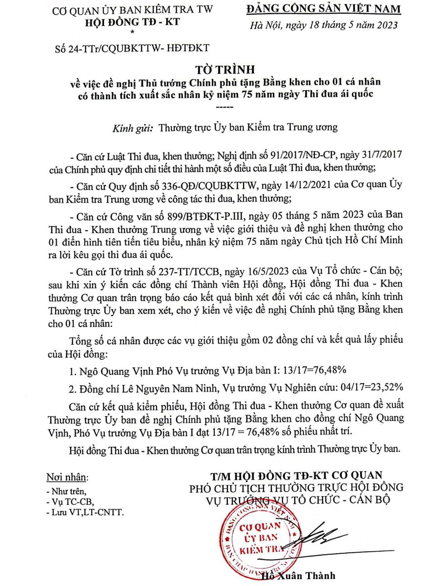Tờ Trình về việc đề nghị Thủ tướng Chính phủ tặng Bằng khen cho 01 cá nhân có thành tích xuất ...